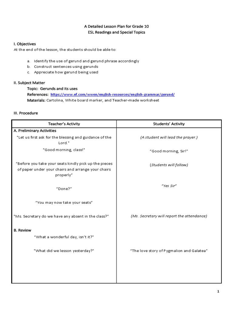 A Detailed Lesson Plan For Grade 10 | PDF | Object (Grammar) | Verb