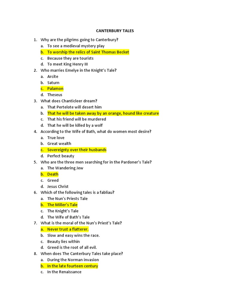 Canterbury Tales Quiz Questions | PDF | Canterbury | The Canterbury Tales