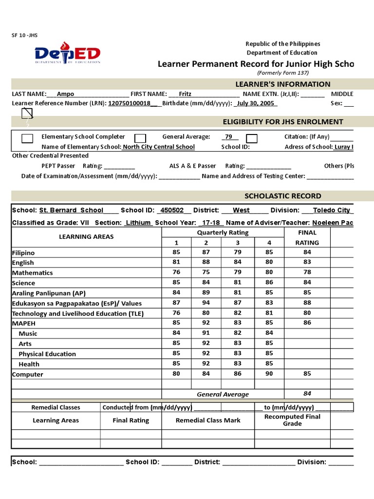 Form 10 | PDF | Middle Schools | Physical Education