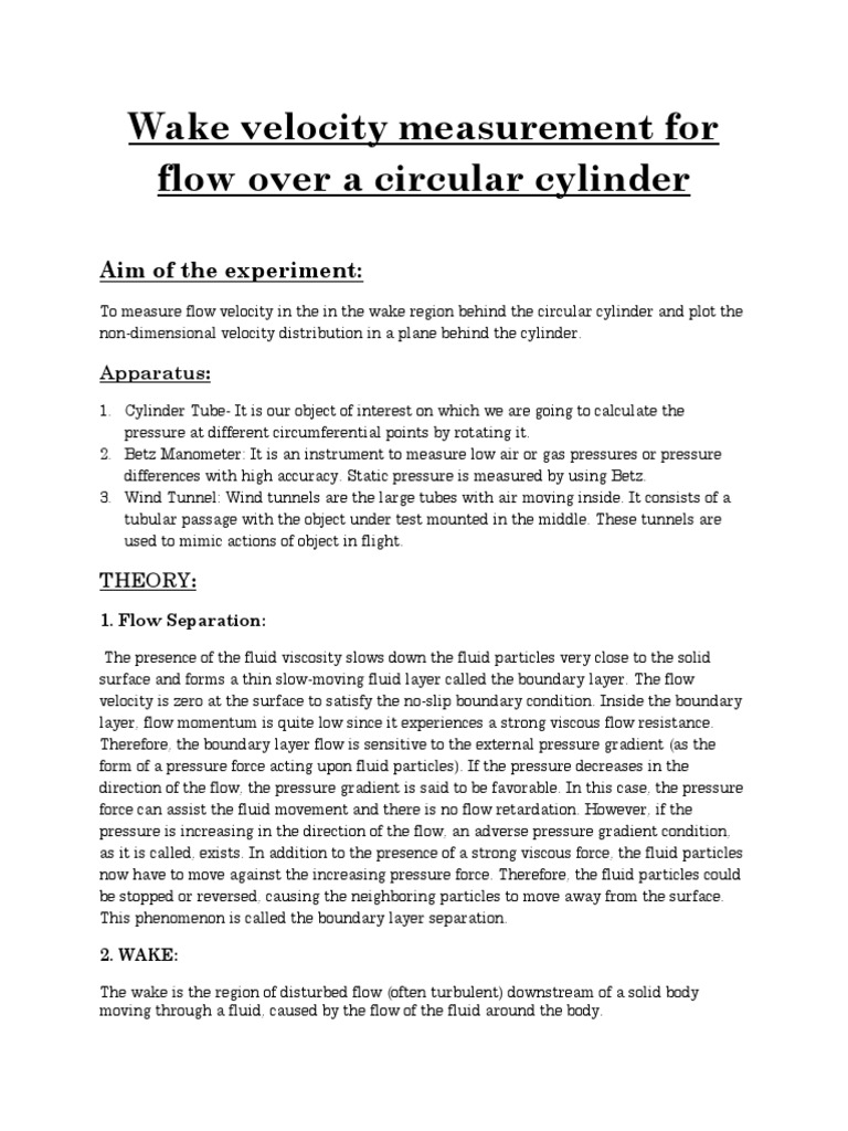 Wake Velocity Measurement For Flow Over A Circular Cylinder: Aim of The ...