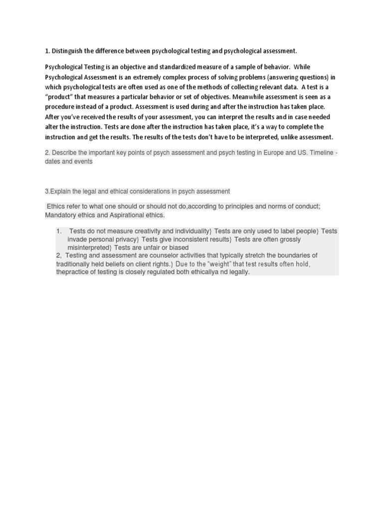 Describe The Important Key Points of Psych Assessment and Psych Testing ...