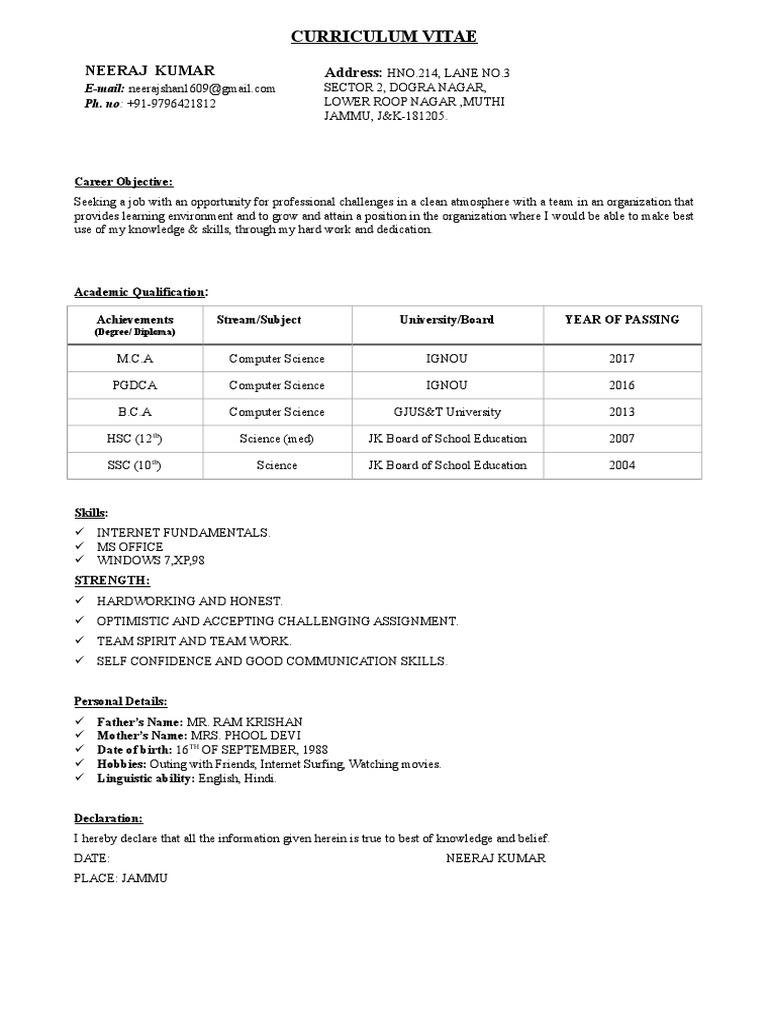 Curriculum Vitae: Neeraj Kumar Address | PDF
