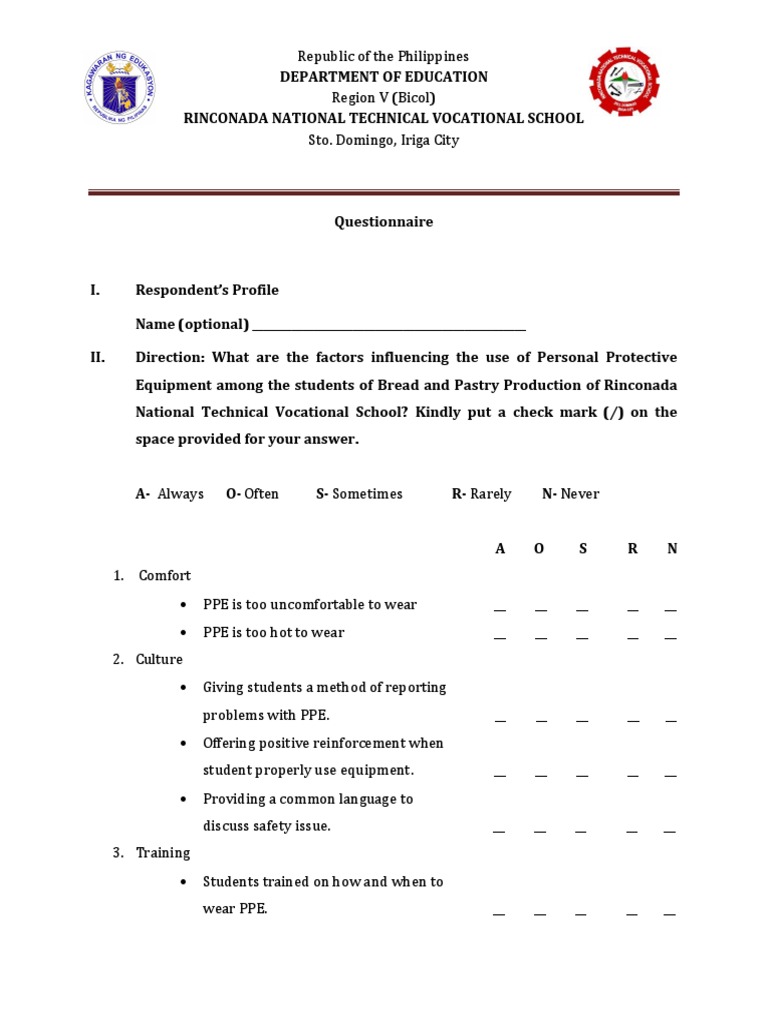 QUESTIONNAIRE, Problem, Framework | PDF | Personal Protective Equipment ...