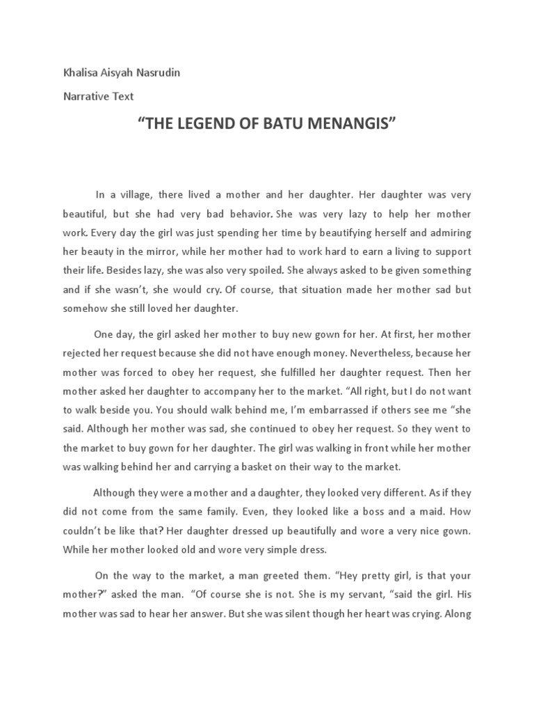 "The Legend of Batu Menangis": Khalisa Aisyah Nasrudin Narrative Text | PDF