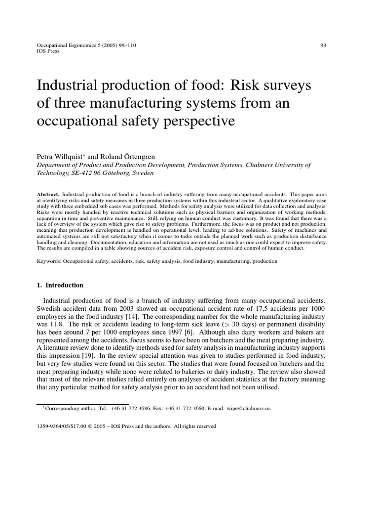 Industrial Production of Food: Risk Surveys of Three Manufacturing ...