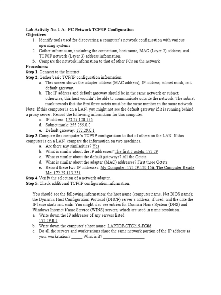 Lab Activity No. 1-A: PC Network TCP/IP Configuration Objectives | PDF ...
