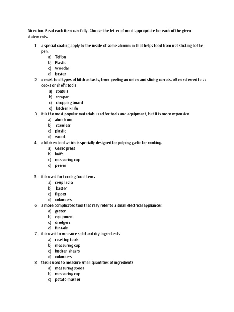 Quiz Topic 1 | PDF | Kitchen Utensil | Knife