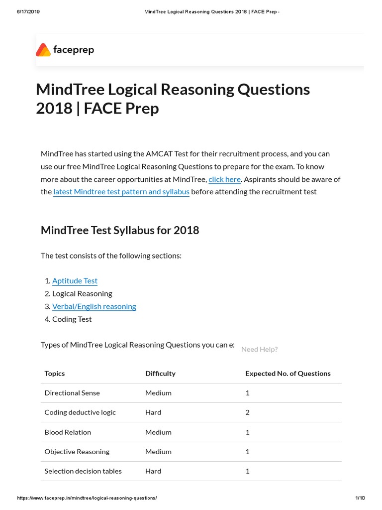 MindTree Logical Reasoning Questions 2018 - FACE Prep | PDF | Reason ...