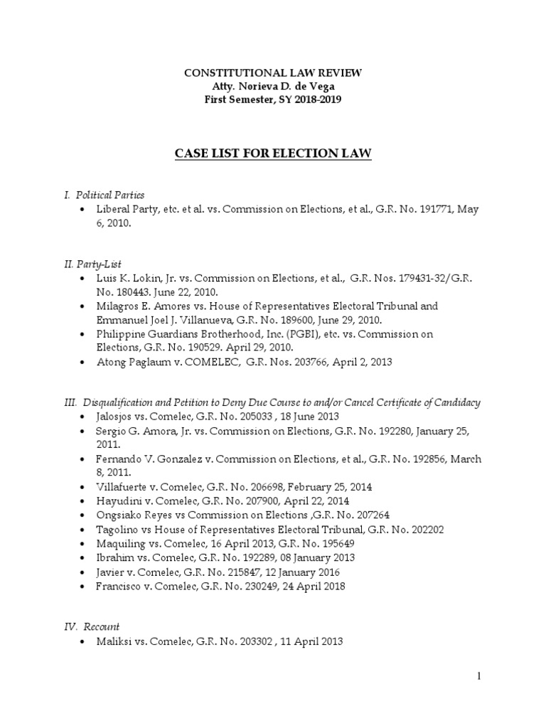 Case List For Election Law (2018) | PDF