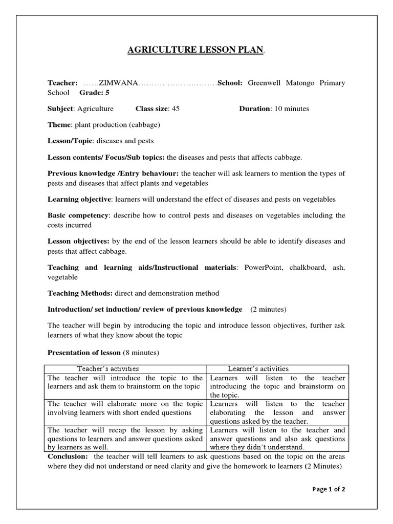 Agriculture Lesson Plan: Page 1 of 2 | PDF | Lesson Plan | Applied ...