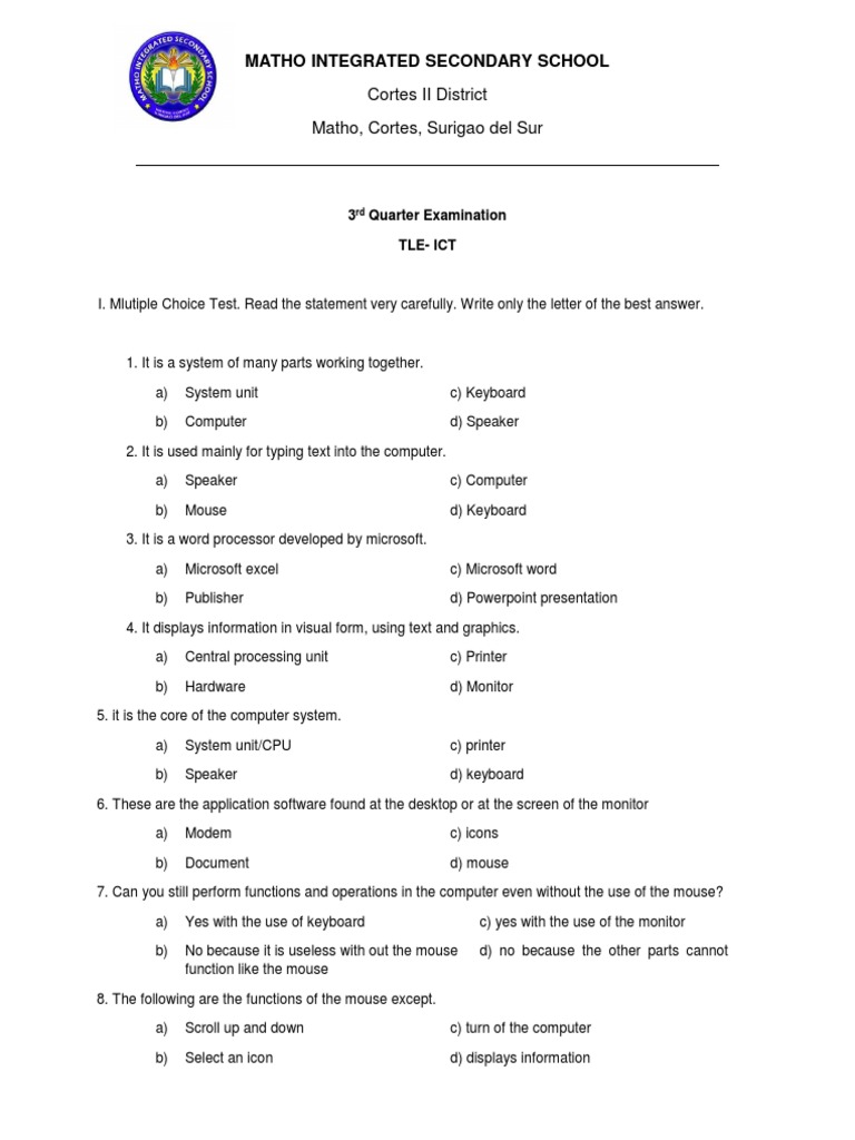 3rd Quarter Examination Tle Ict Grade 7 | PDF | Computer Keyboard | Icon (Computing)