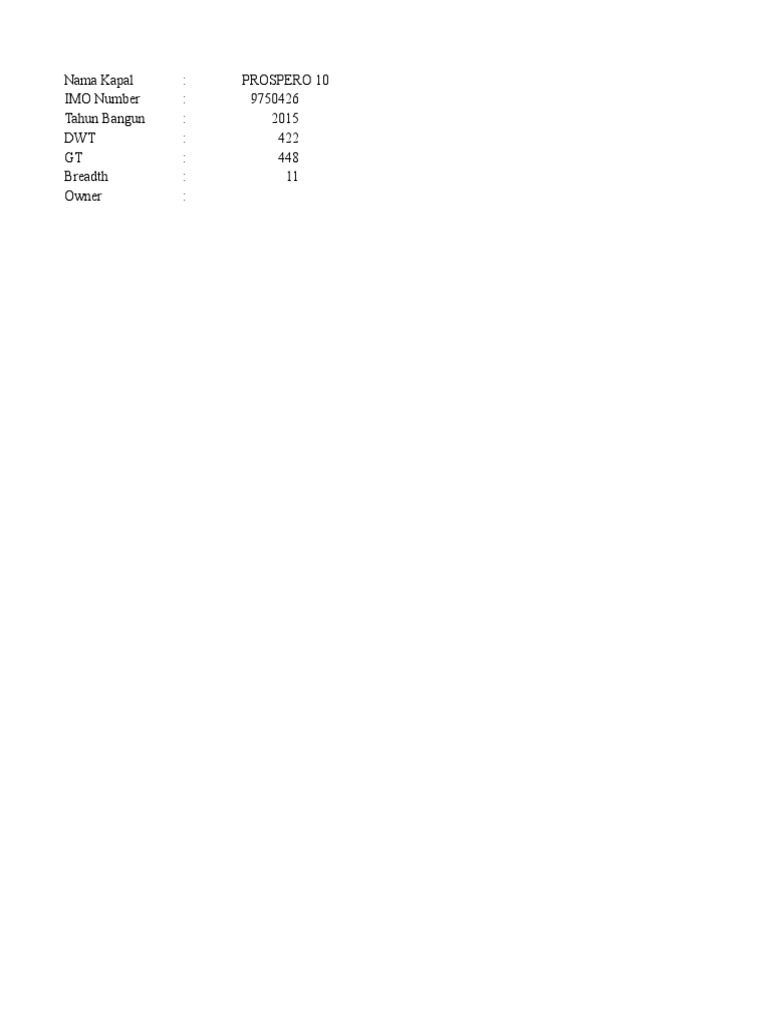 Nama Kapal: Prospero 10 IMO Number: 9750426 Tahun Bangun: 2015 DWT: 422 ...