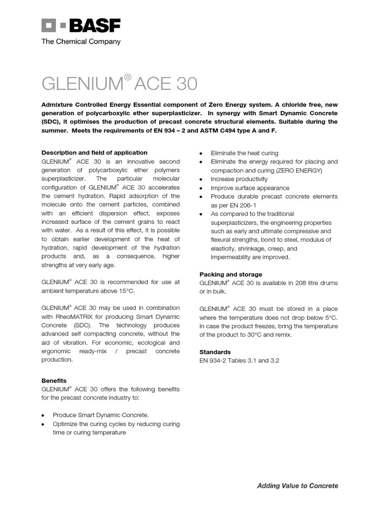 TDS - Glenium Ace 30 | PDF | Concrete | Chemistry