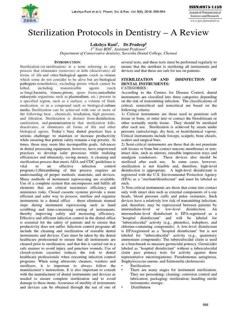Sterilization and Disinfection Protocol in Dentistry - Review 1 ...