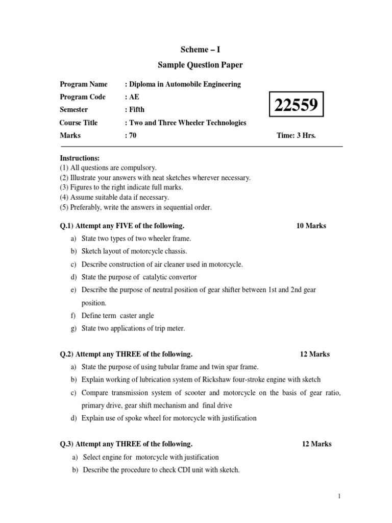 Two and Three Wheeler Technologies Exam | PDF | Motorcycle ...
