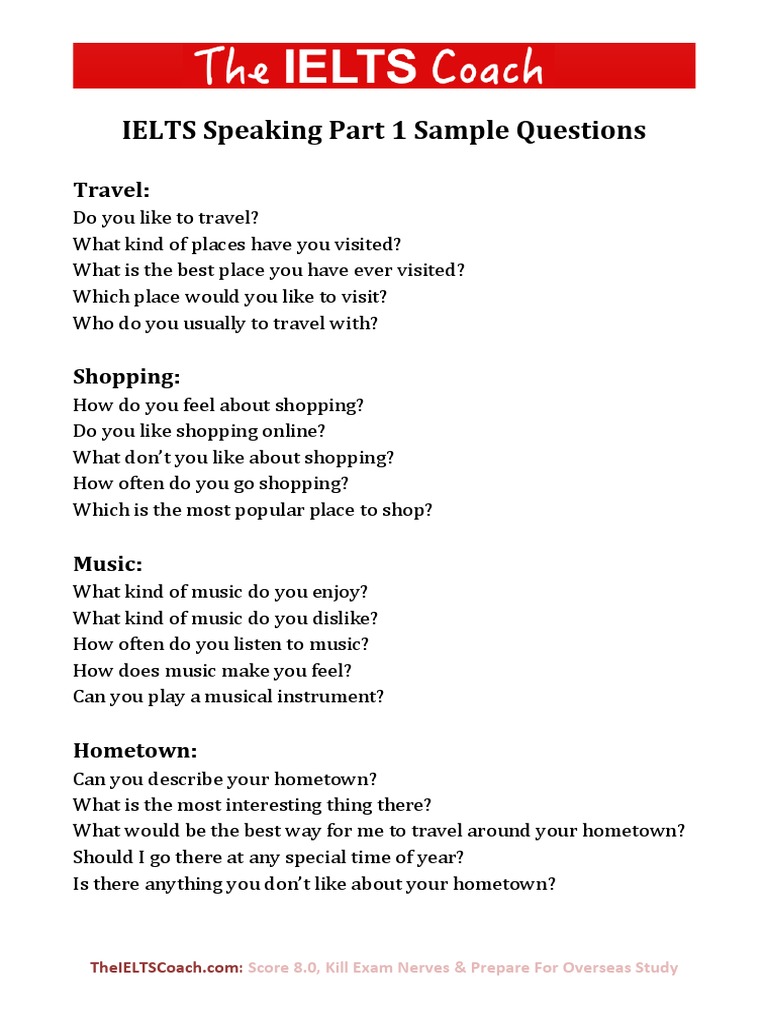 (A) IELTS Speaking Part 1 Sample Questions | PDF | Learning (A) IELTS Speaking Part 1 Sample Questions | PDF | Learning