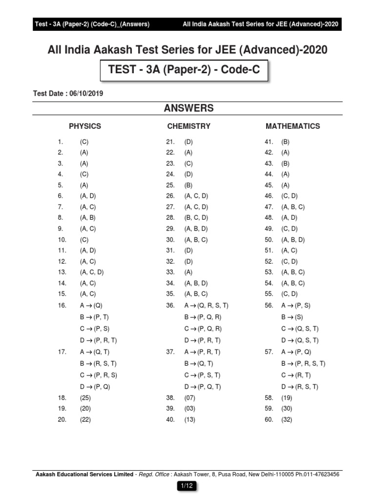 All India Aakash Test Series For JEE (Advanced) - 2020: TEST - 3A ...
