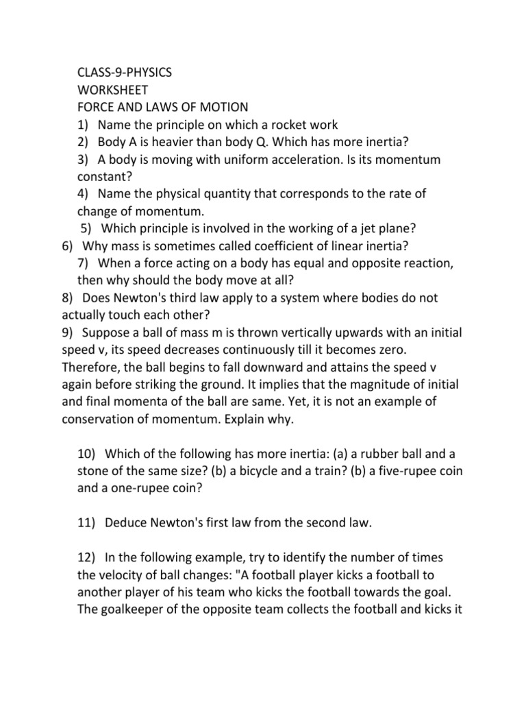 Class 9 Worksheet: Force & Motion | PDF | Newton's Laws Of Motion | Force