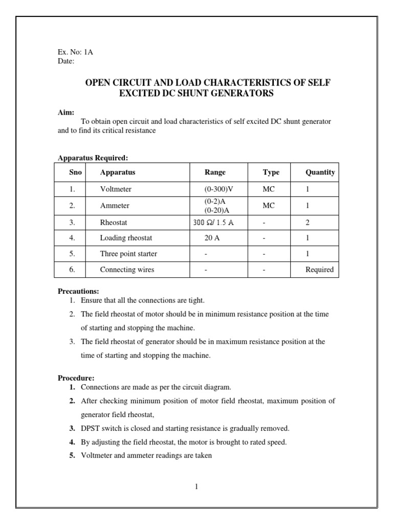 1A - OCC and Load Characteristics of A Self Excited DC Shunt Generator ...