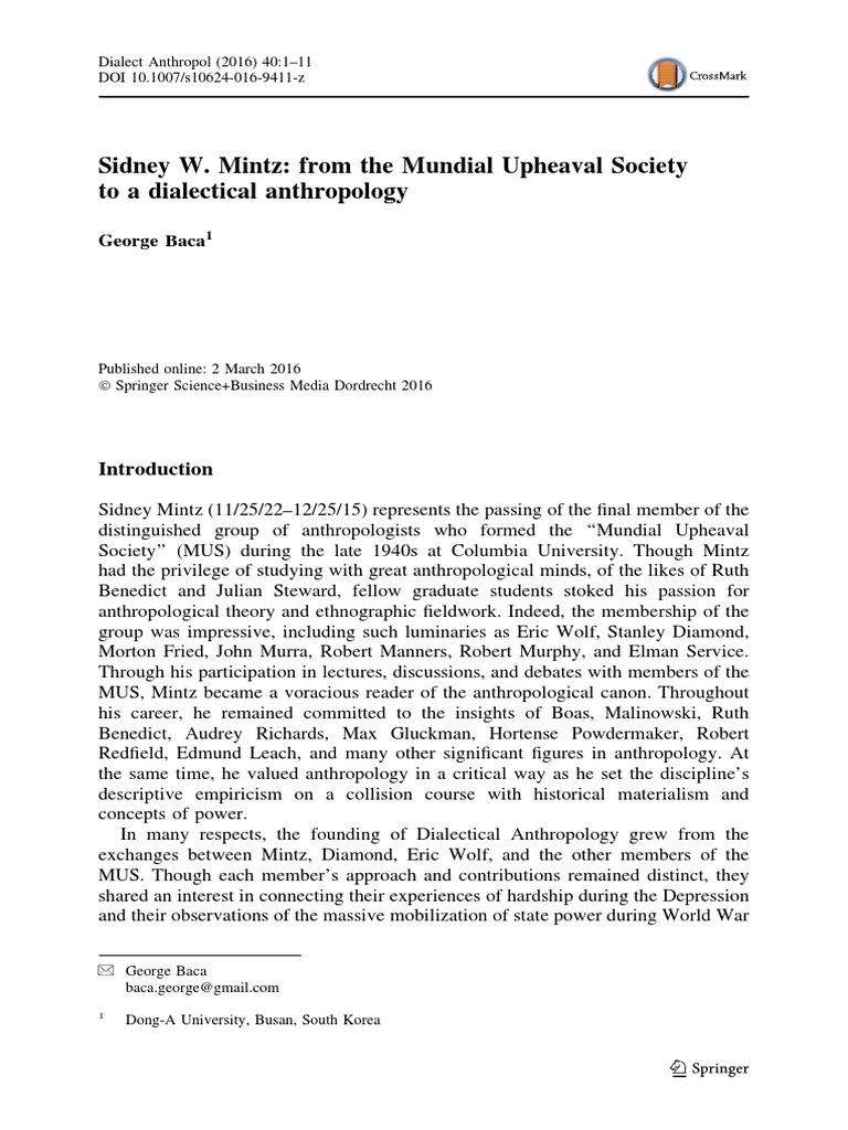 Sidney W. Mintz: From The Mundial Upheaval Society by George Baca | PDF | Franz Boas | Anthropology