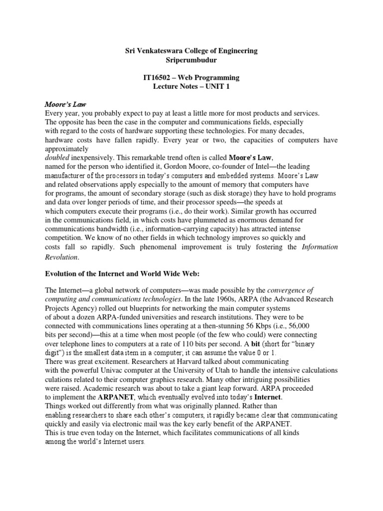 SVCE Web Programming Lecture Notes Unit 1 Moore's Law & Internet ...