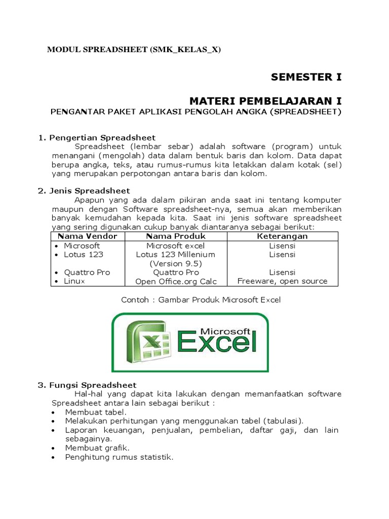 Modul Spreadsheet Kelas X (Bagian 1) | PDF