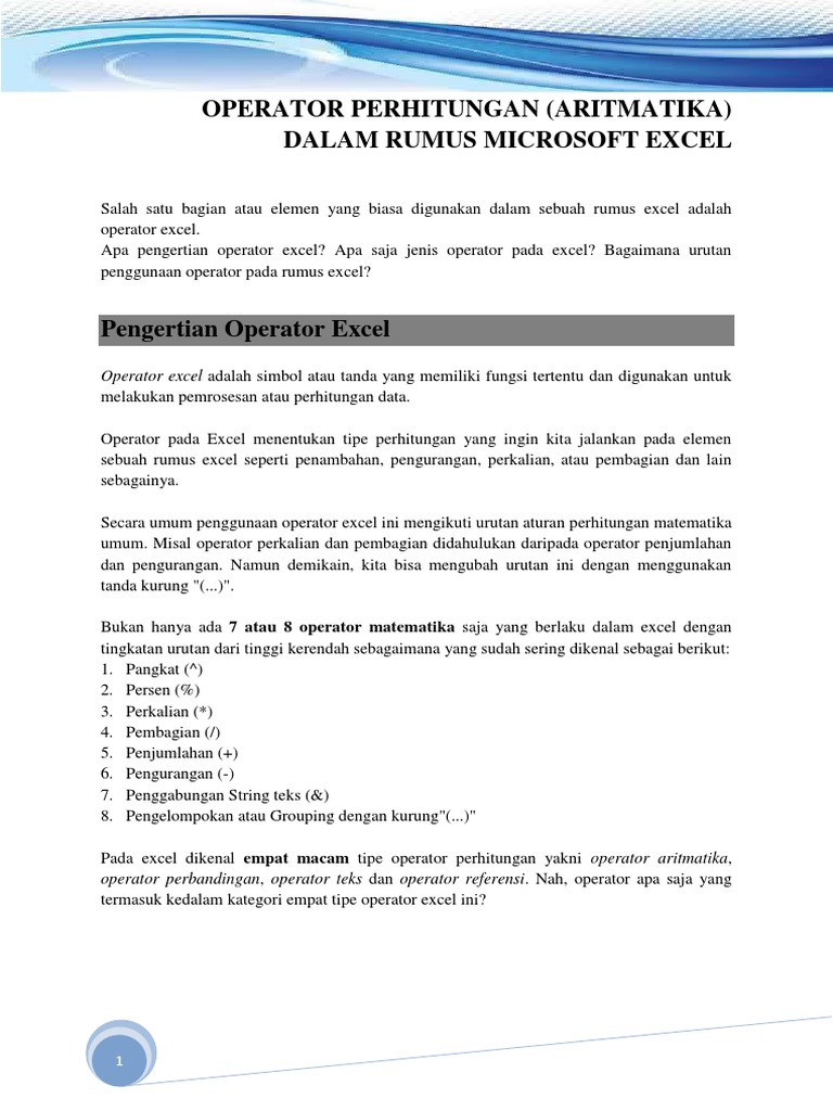 MODUL 1 - Operator Perhitungan (Aritmatika) Dalam Rumus Microsoft Excel ...