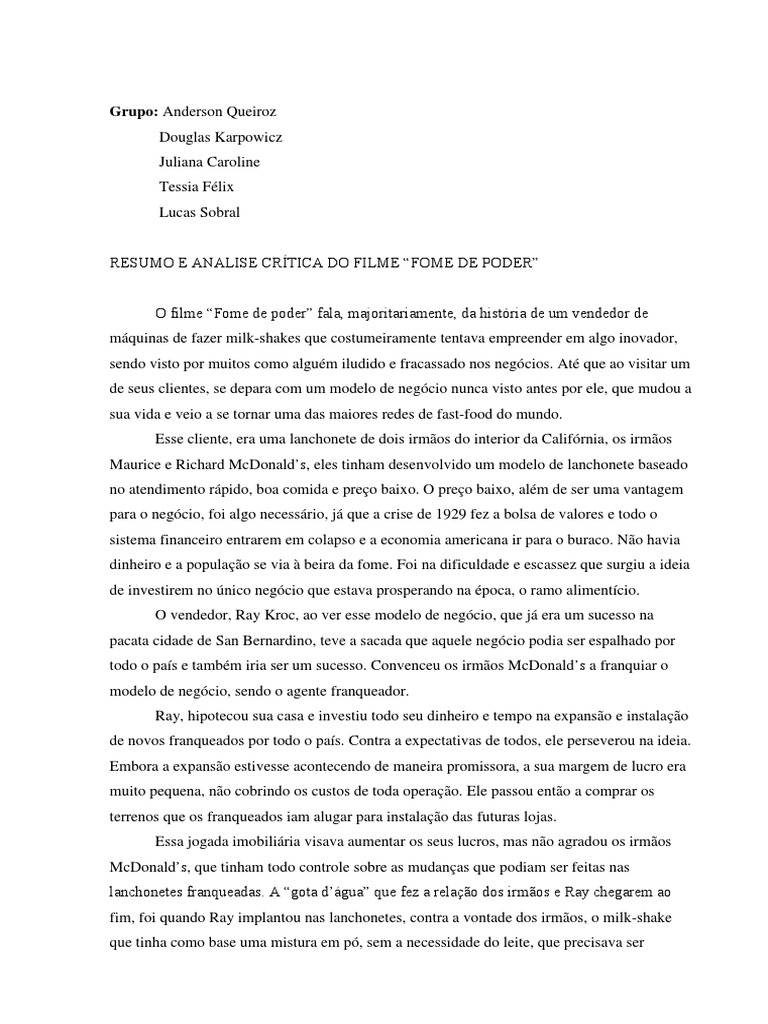 Resumo e Analise Crítica Do Filme Fome de Poder | PDF | Negócios (Geral)
