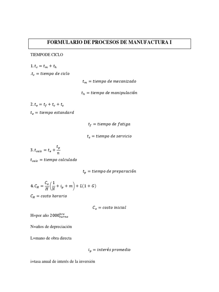 Formulario de Procesos de Manufactura I: Tiempode Ciclo | PDF