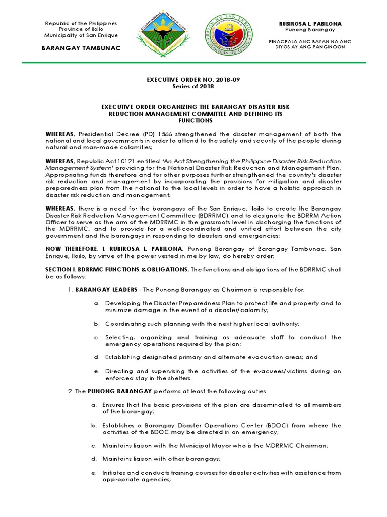 Eo-2018-09 - BDRRMC | PDF | Emergency Evacuation | Emergency