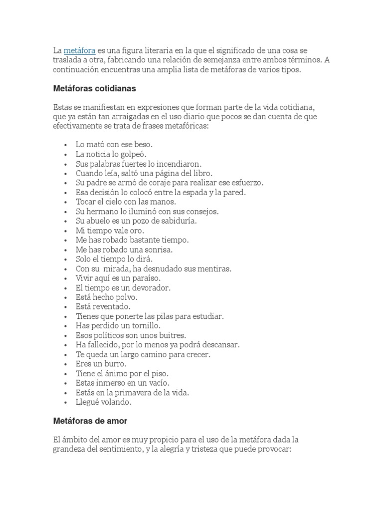 Ejemplos de Metáforas Cotidianas y Literarias | PDF | Metáfora | Amor