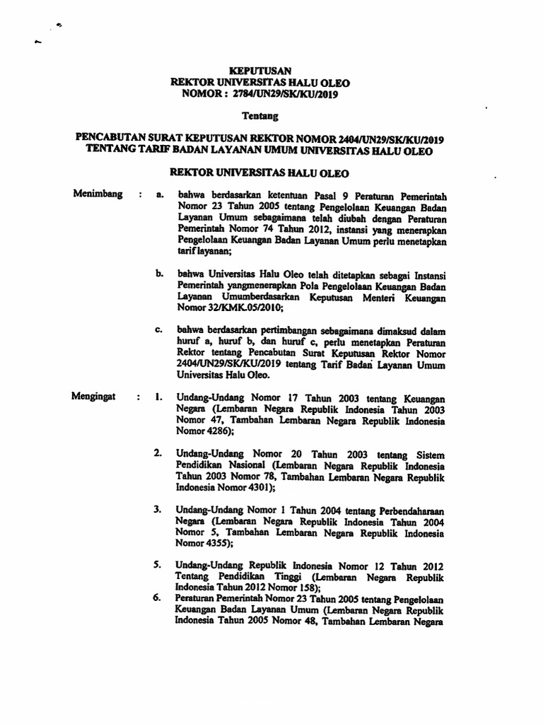 SK Pencabutan SK Rektor 2404 TTG Tarif BLU | PDF