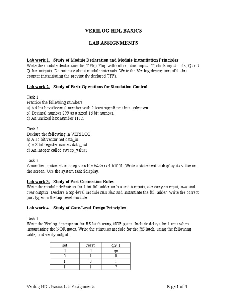Verilog HDL Basics Lab Assignments: Lab Work 1. Study of Module Declaration and Module ...