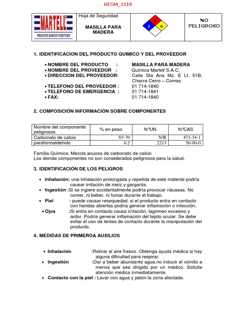 Hoja MSDS de Masilla para Madera | PDF | Residuos | Contaminación