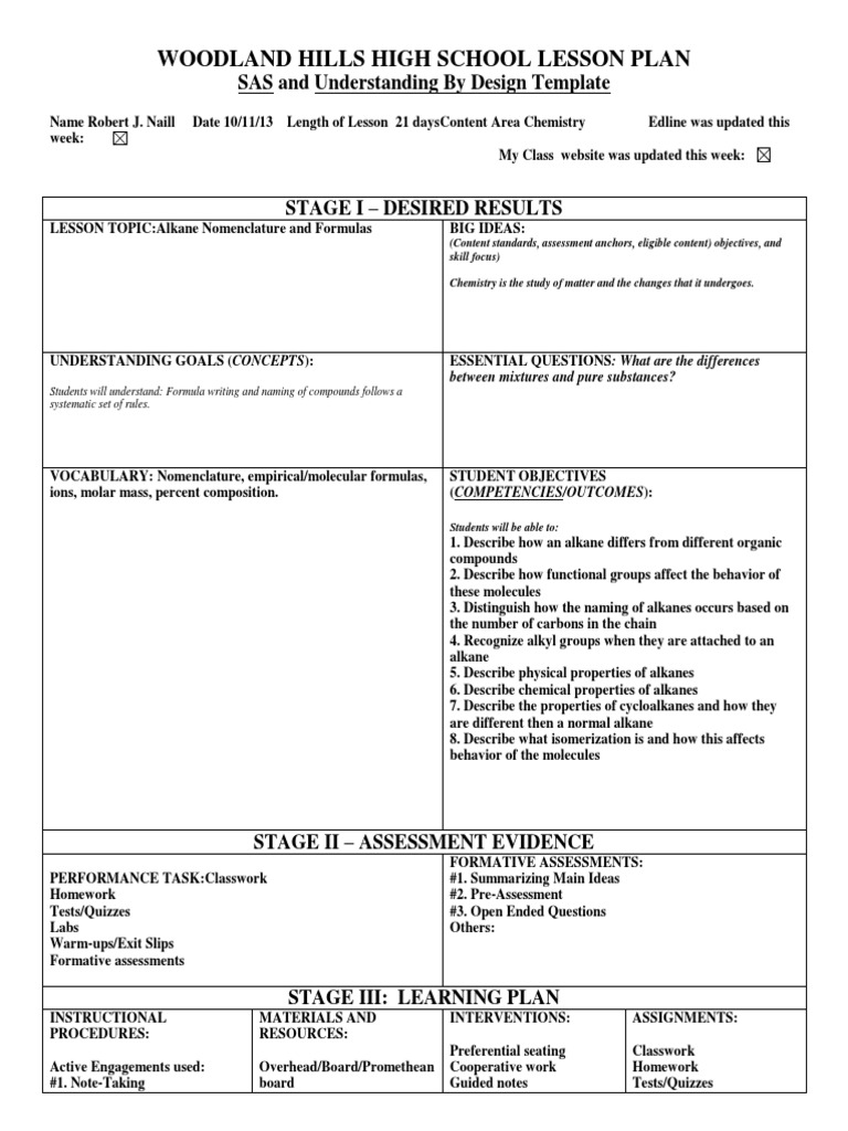 Woodland Hills High School Lesson Plan: SAS and Understanding by Design ...