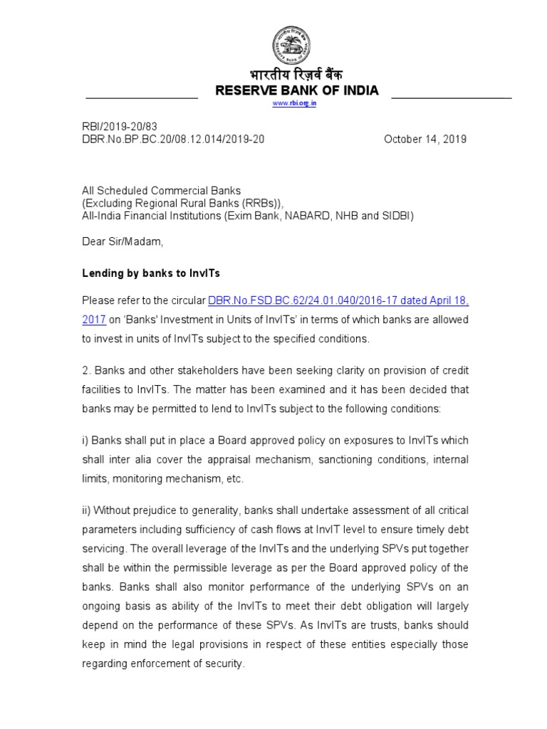 Lending Guidelines for InvITs by RBI | PDF