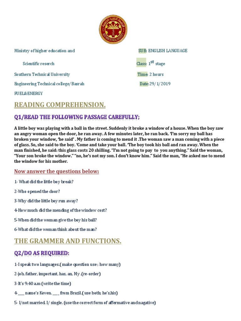 Reading Comprehension.: Now Answer The Questions Below | PDF