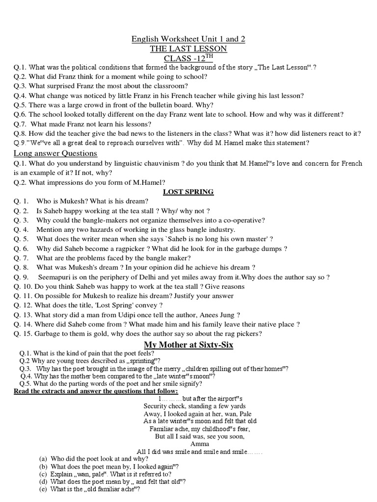 English Worksheet Unit 1 and 2 The Last Lesson CLASS - 12: Lost Spring ...