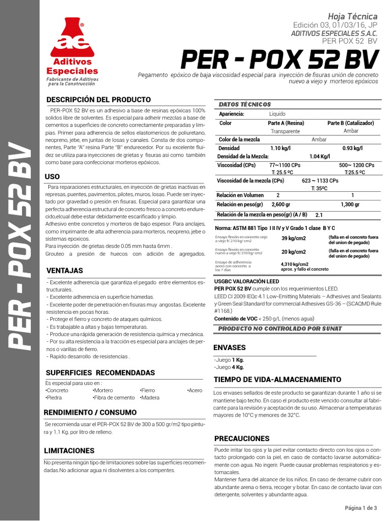 Adhesivo Epóxico PER-POX 52 BV | PDF | Hormigón | Solvente