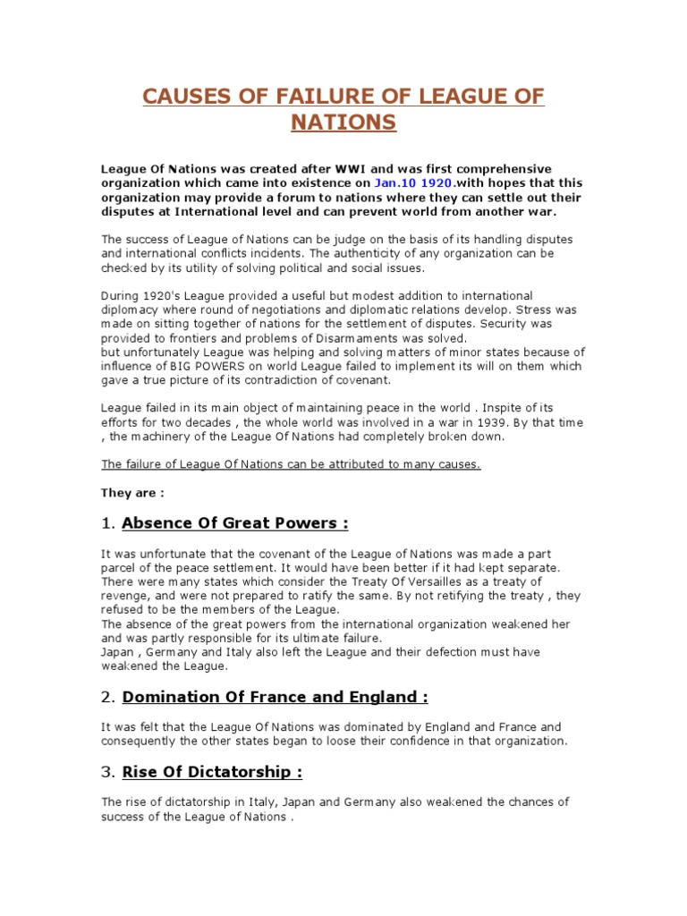 Causes of Failure of League of Nations: 1. Absence of Great Powers ...