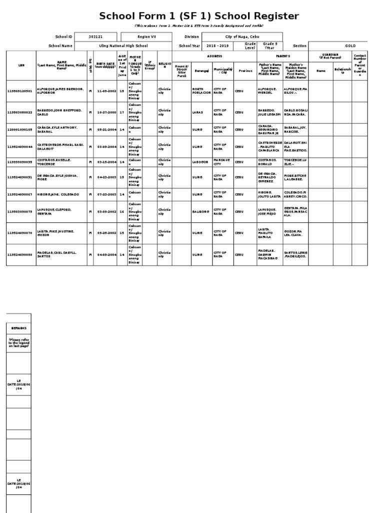 School Form 1 (SF 1) School Register | PDF