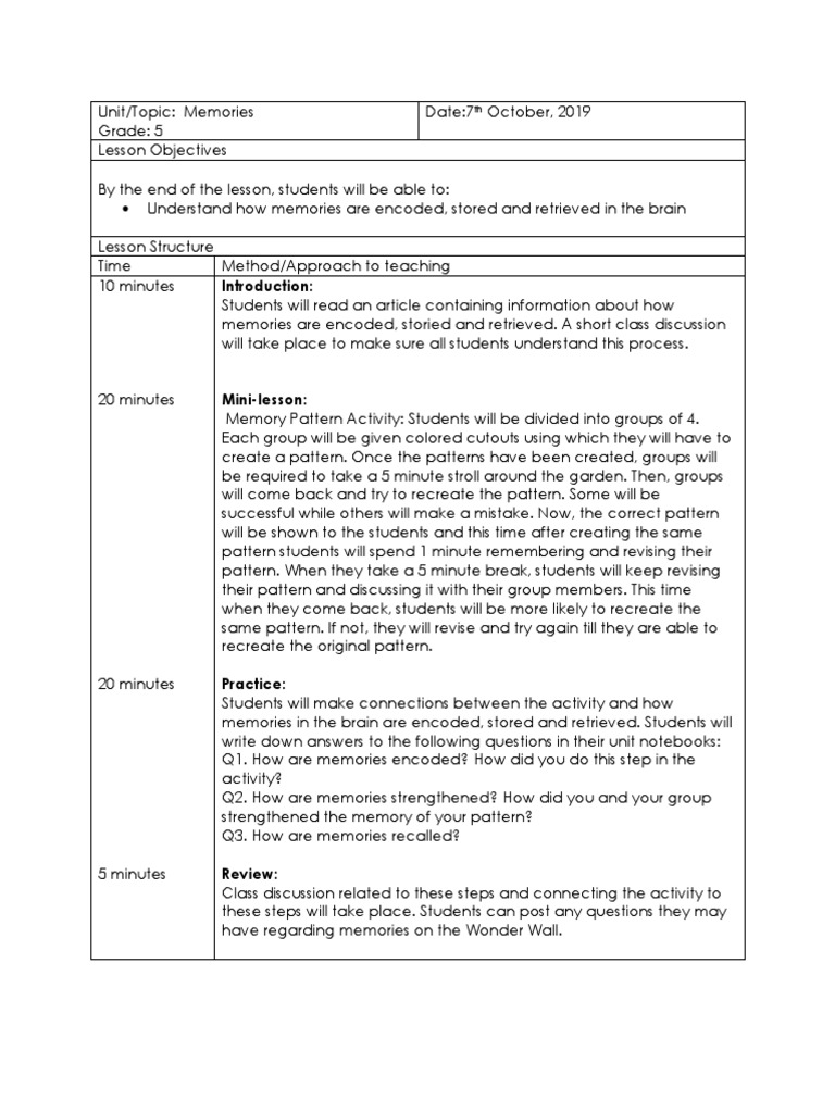 Memories Lesson Plan | PDF