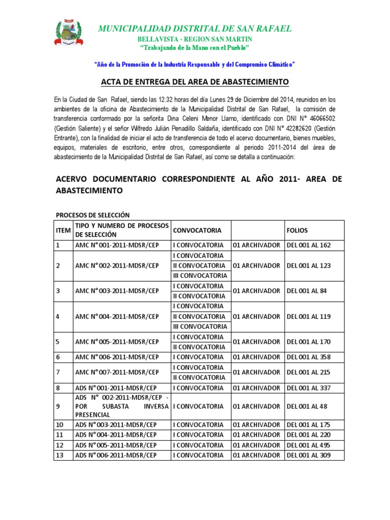 Acta de Entrega de Acervo Documentario - Abastecimiento | PDF ...