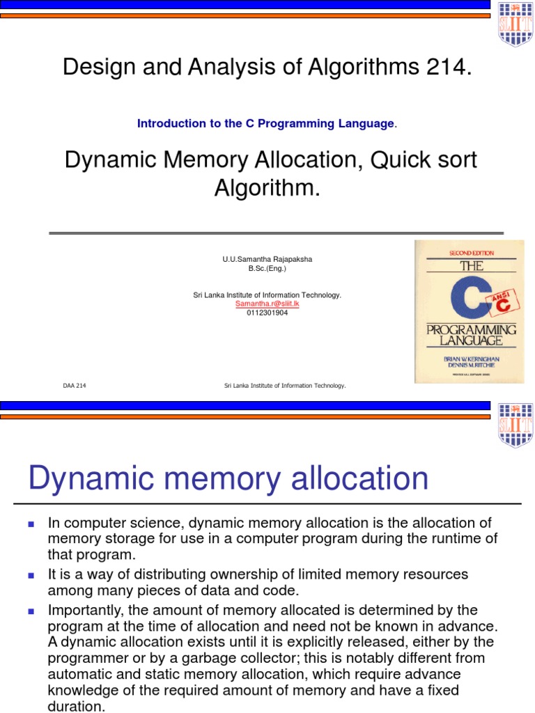 Design and Analysis of Algorithms 214.: Introduction To The C ...