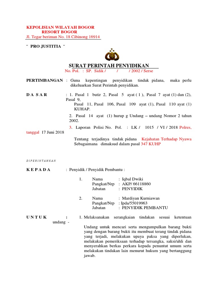 Surat Perintah Penyidikan Tindak Pidana | PDF