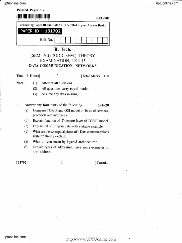 Btech Ec 7 Sem Data Communication Networks Eec 702 2014 15 | PDF ...
