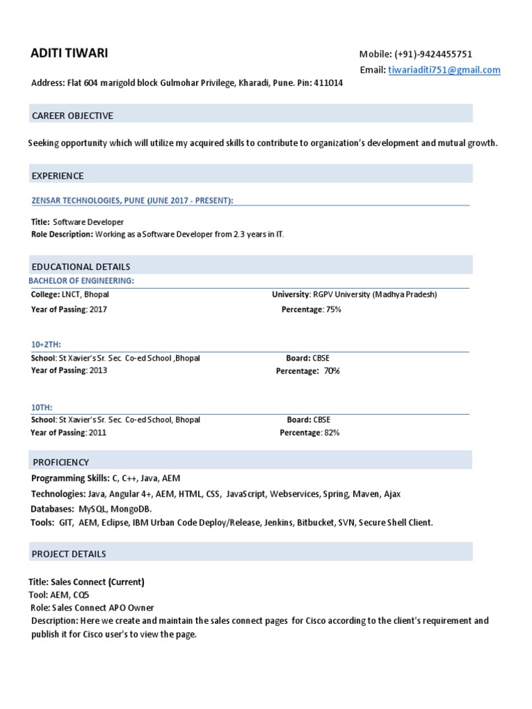 Software Developer Resume - Aditi Tiwari | PDF | Java Script | Ajax (Programming)