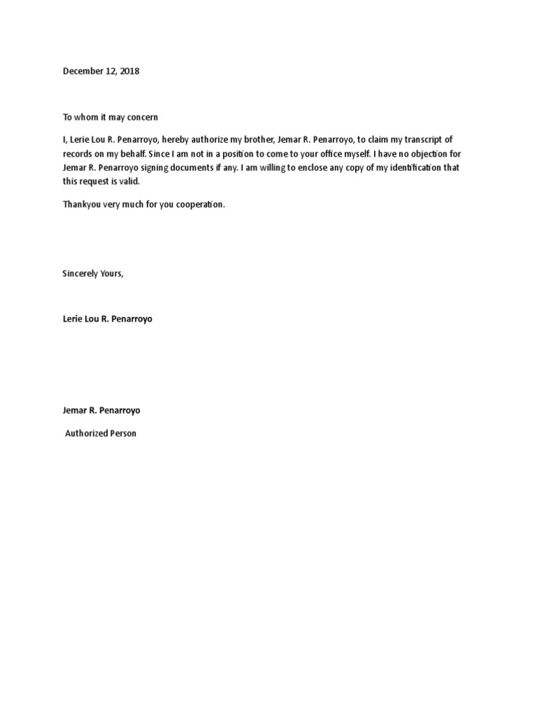 Authorization Letter for Transcript Claim | PDF | Politics | Social Science