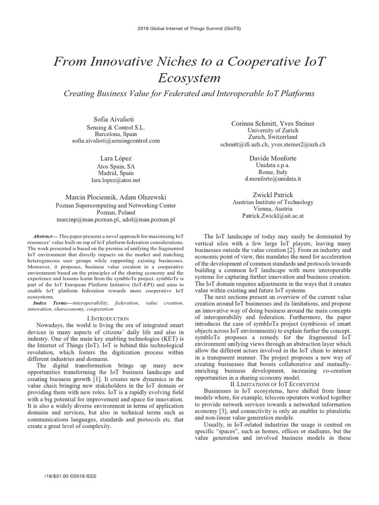 Niches To A Cooperative IoT Ecosystem Creating Business Value For Federated and Interoperable ...