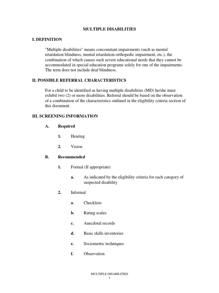 Multiple Disabilities I. Definition | PDF | Educational Assessment ...
